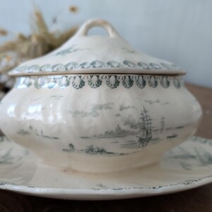 Antique French Lidded Sauce Boat , Green Transferware, Stamped GIEN ...