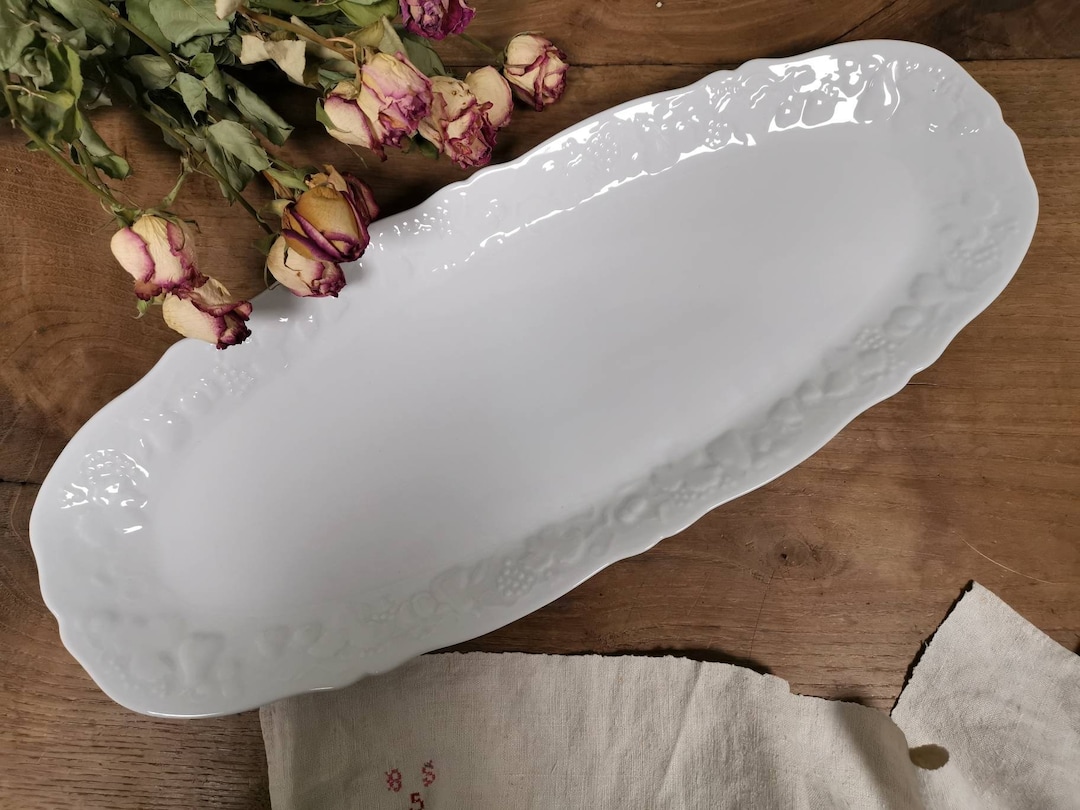 Extra Large French Vintage White Ceramic Platter, Embossed Decor ...