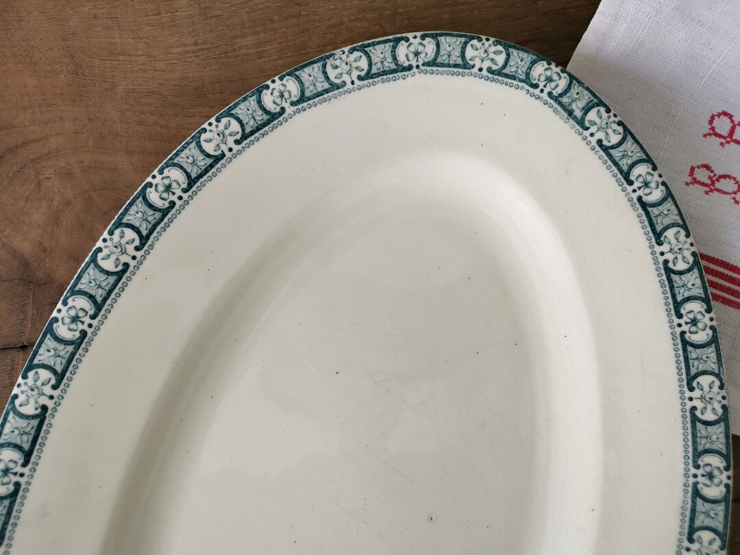 Large Antique French Serving Plate, White Green Ironstone, SULLY SALINS ...