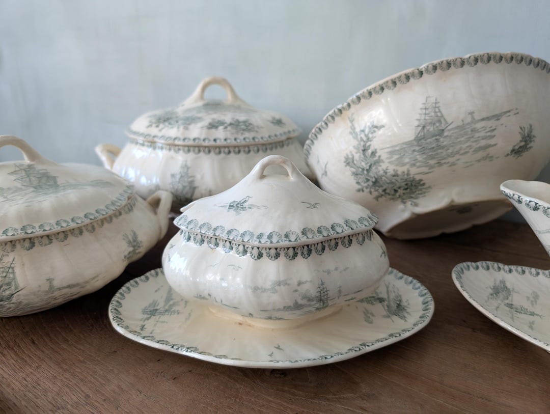 Antique French Lidded Sauce Boat , Green Transferware, Stamped GIEN ...