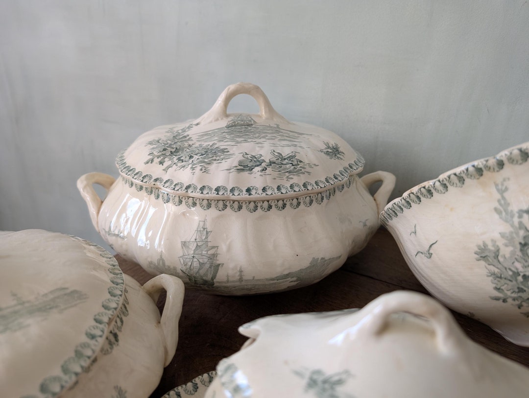Antique French Lidded Tureen, Green Transferware, Stamped GIEN Ocean ...
