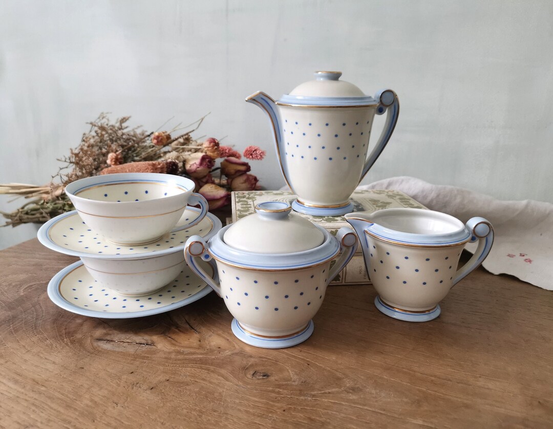 LIMOGES Tea Set, White Blue Gold Porcelain, Tea Pot or Coffee Pot ...