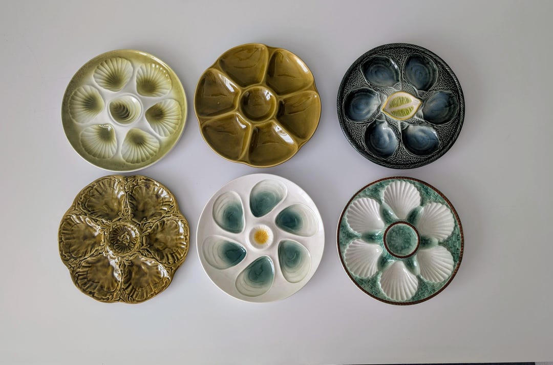 6 French Antique Mismatched Oyster Plate LONGCHAMP France/ Green and ...