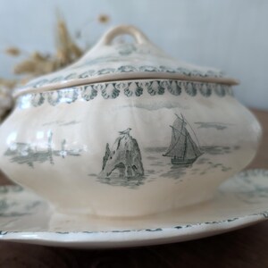 Antique French Lidded Sauce Boat , Green Transferware, Stamped GIEN ...