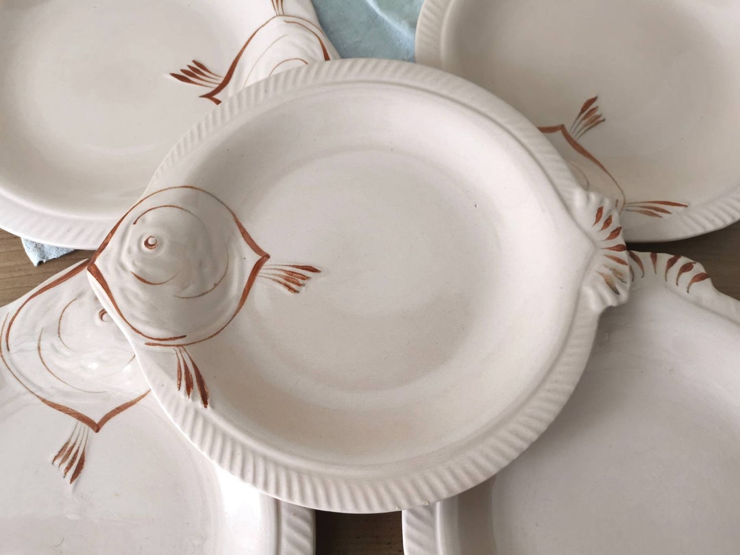 6 Antique French Pink Fish Plates, Stamped LONGWY France, Fish Shaped ...