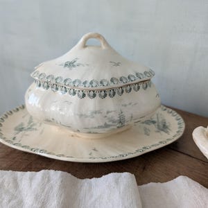 Antique French Lidded Sauce Boat , Green Transferware, Stamped GIEN ...