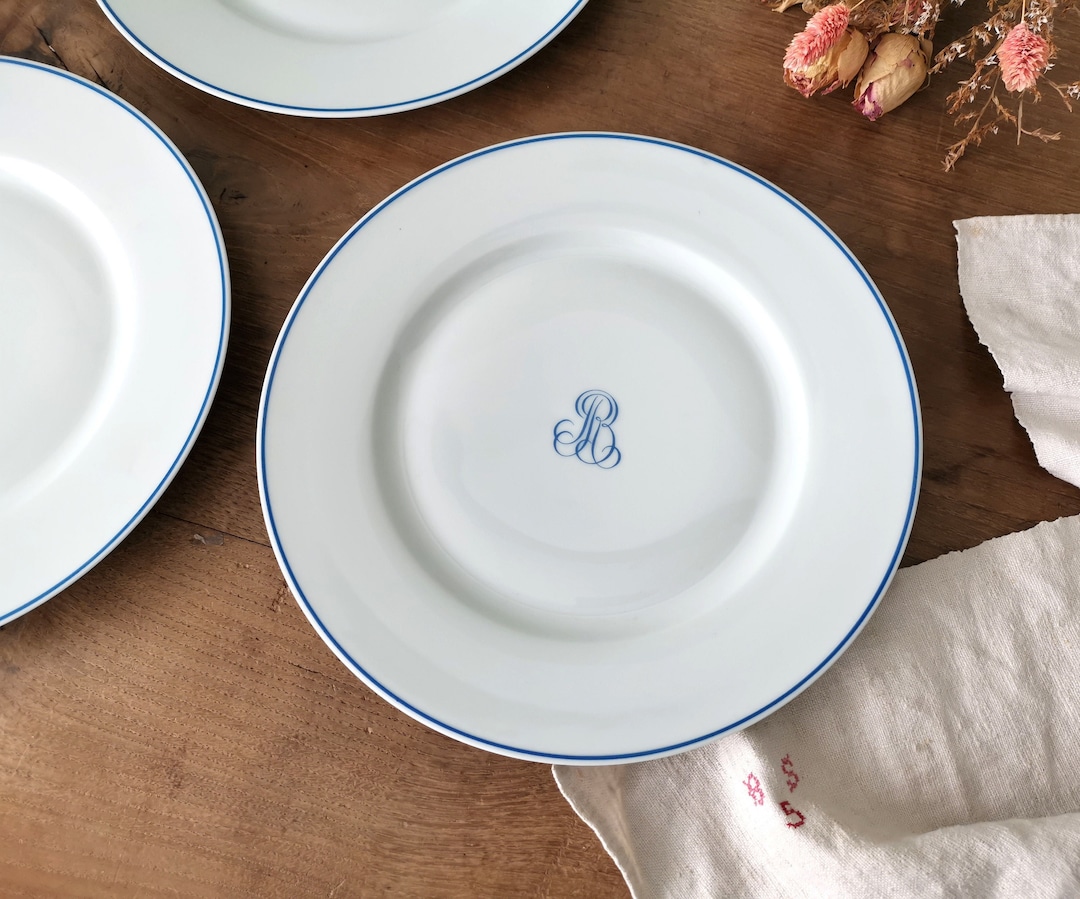 Coquet Limoges Porcelain Dinner Plates: Monogrammed Blue Trim, Set of 4 ...