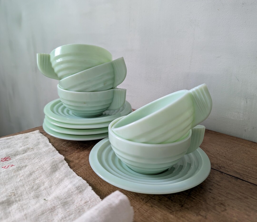 Vintage French Tea Coffee Cups With Saucers, Green Milk Glass, Set of 5 ...
