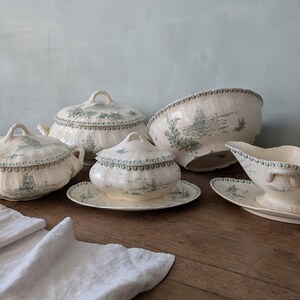 Antique French Lidded Sauce Boat , Green Transferware, Stamped GIEN ...