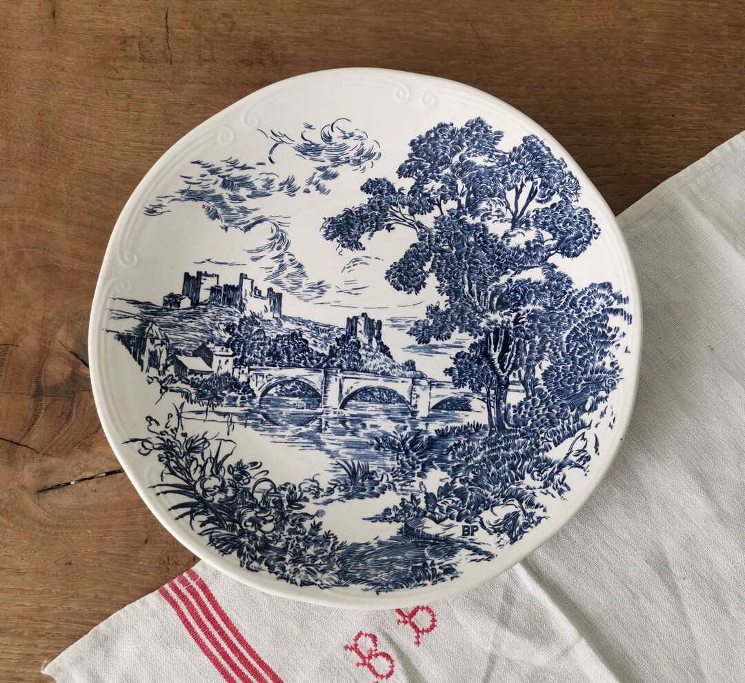 Vintage French Plate, White Blue Ironstone Stamped GIEN, Blue ...