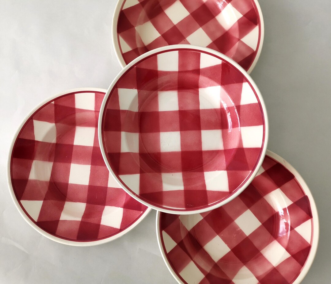 4 French Vintage Deep Plates, Red Check Plattern, Gingham - Etsy
