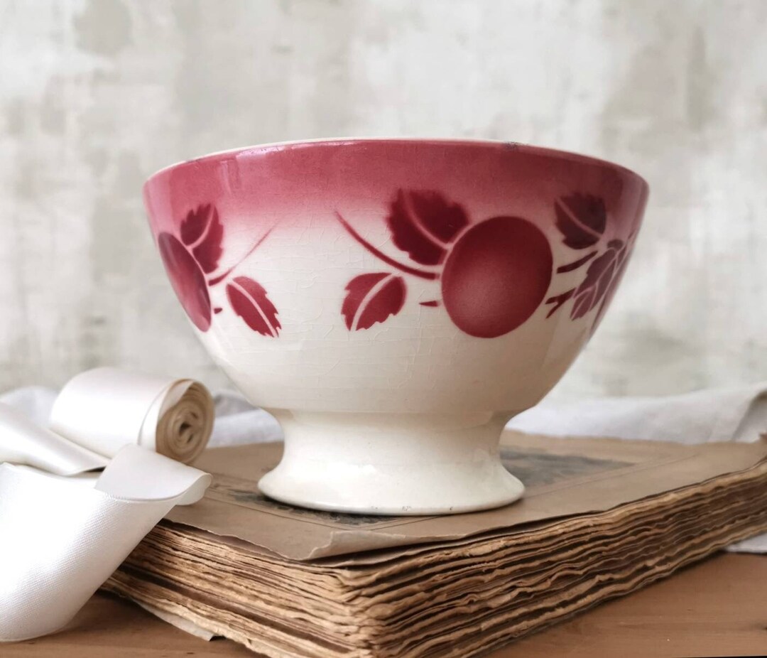 LARGE Antique French Cafe Au Lait Bowl, White and Red Ironstone ...