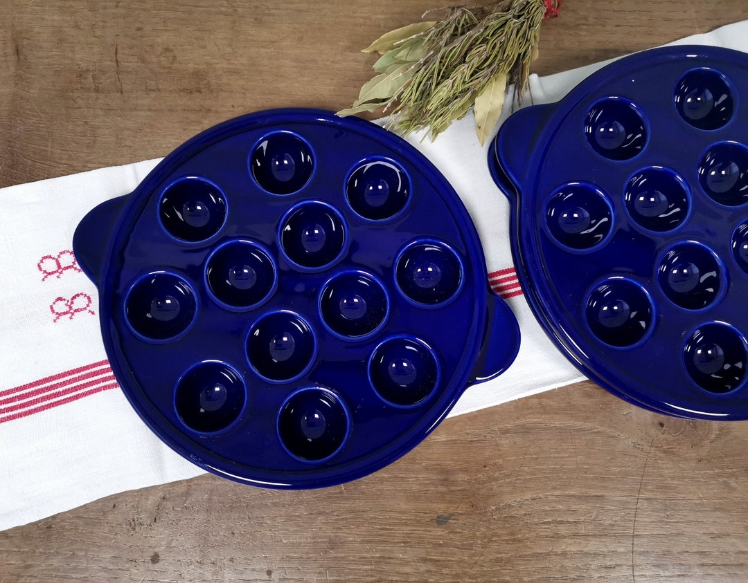1 LARGE Blue Ceramic Snail Plate / Vintage French Escargot Cooking Dish ...