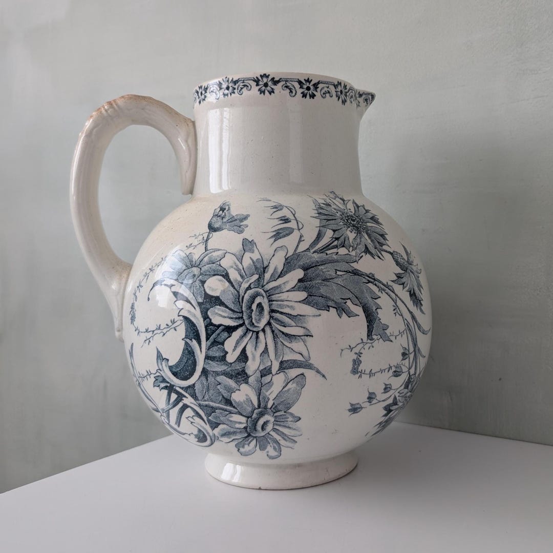 1900 Antique French Ironstone Chamber Pot, White Blue Transferware, Art ...