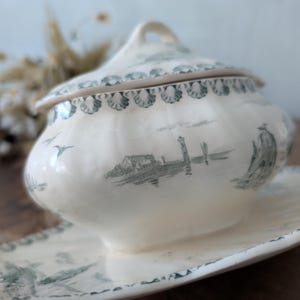 Antique French Lidded Sauce Boat , Green Transferware, Stamped GIEN ...