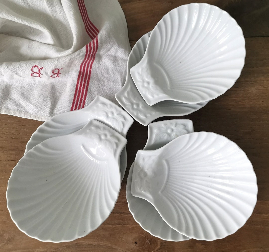 6 Vintage White Ceramic Small Scallop Shell Dishes Plates / Ovenproof ...