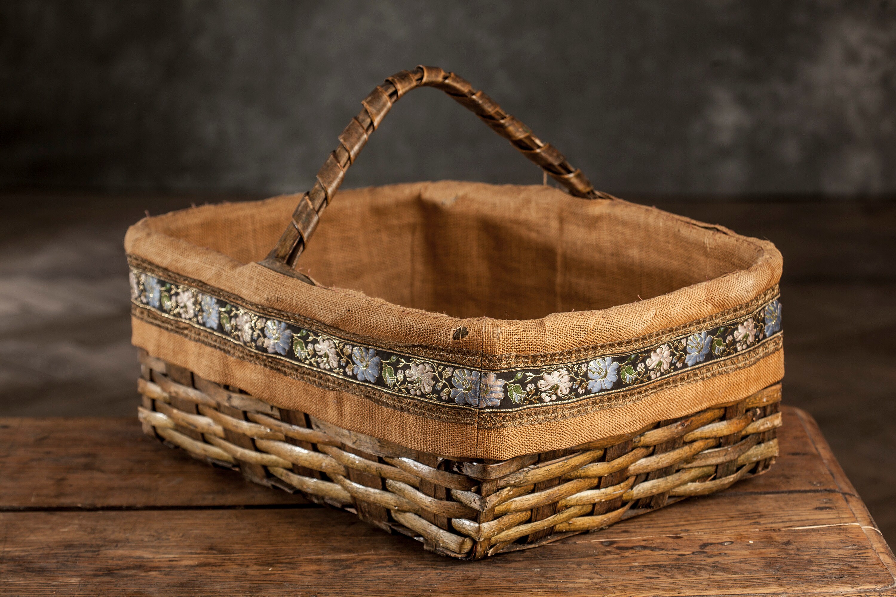 Vintage Italian Basket With Linen Fabric, Boho Large Wicker Basket Made ...