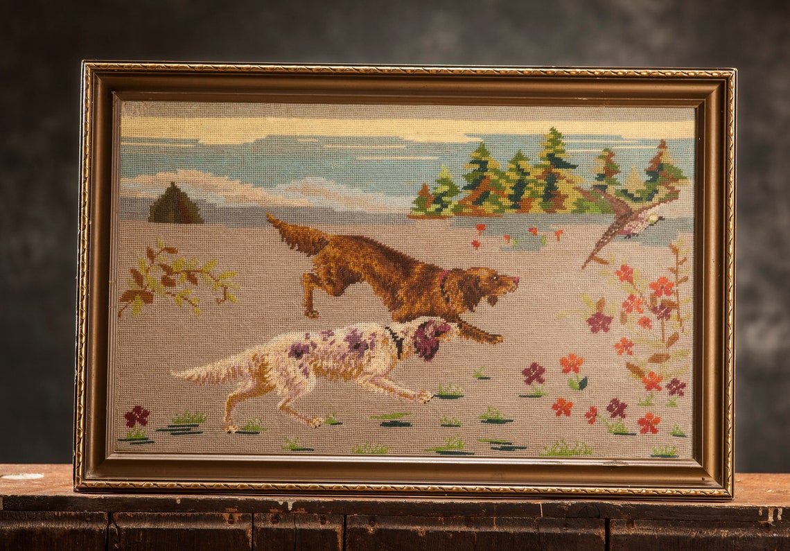 Vintage Framed Cross Stitch Hunting Dogs Motif, Retro Picture, Made in ...