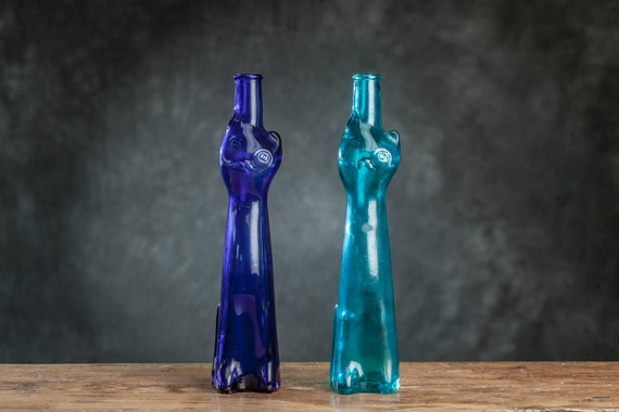 Vintage Set of 2 Bottles / Decanters in Shape of Cat Blue and - Etsy
