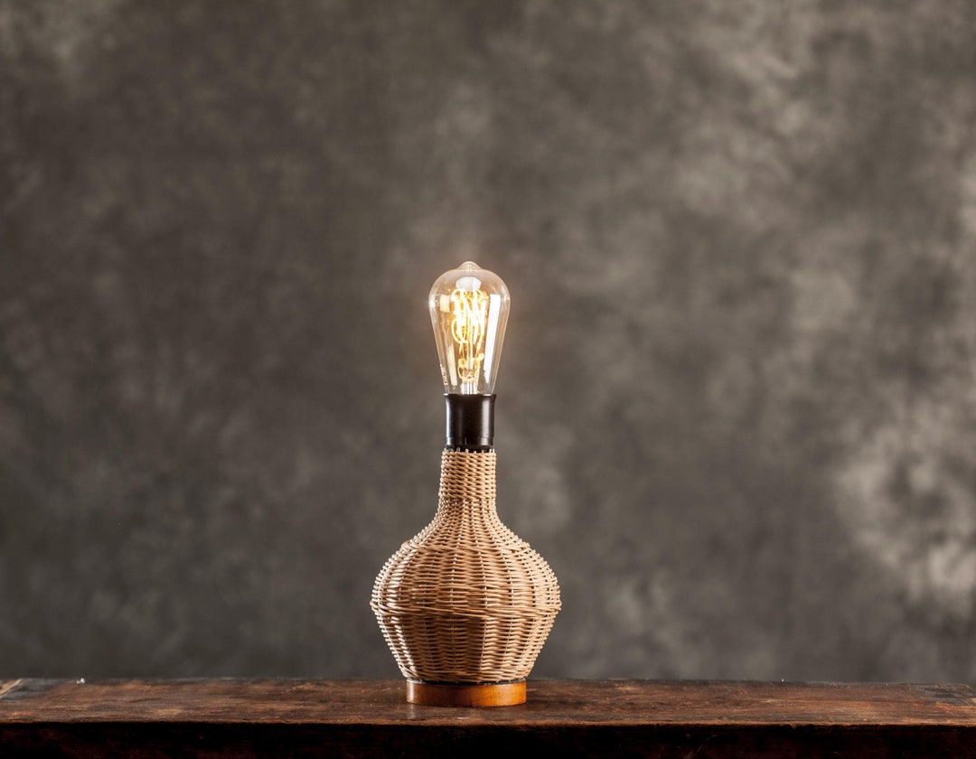 Vintage Table Woven Lamp With Wooden Base, 1970's Wicker Lamp, Boho ...