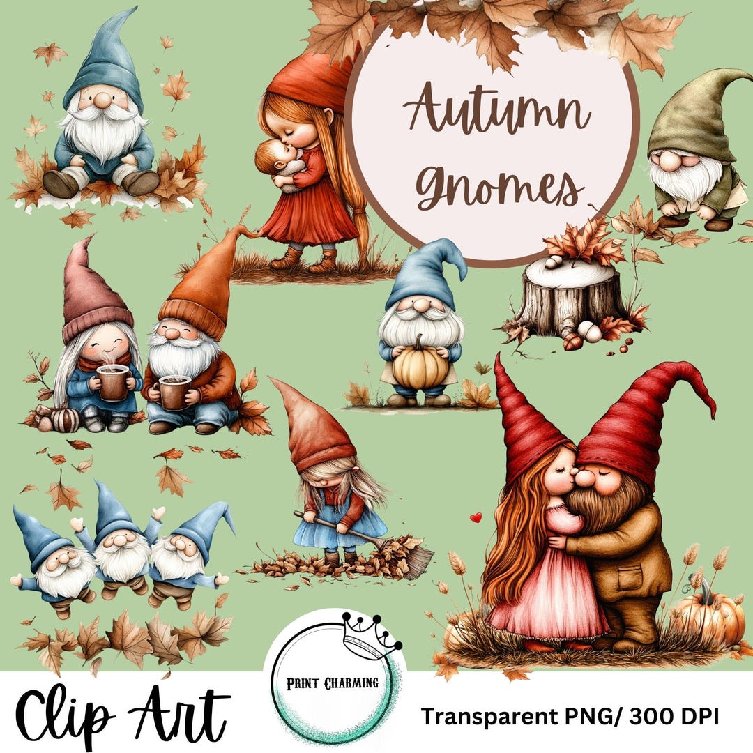 Gnome Clip Art Bundle Fall PNG Clipart, Autumn Cute Watercolor Gnomes ...