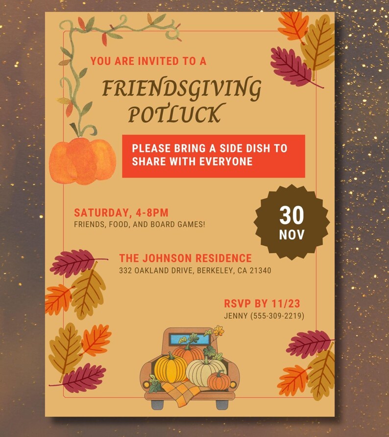 Rustic Friendsgiving Potluck Invitation | Editable Canva Template ...