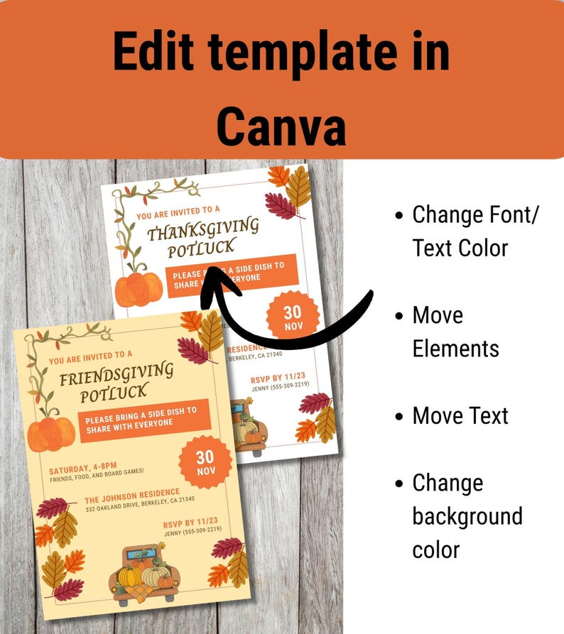 Rustic Friendsgiving Potluck Invitation | Editable Canva Template ...