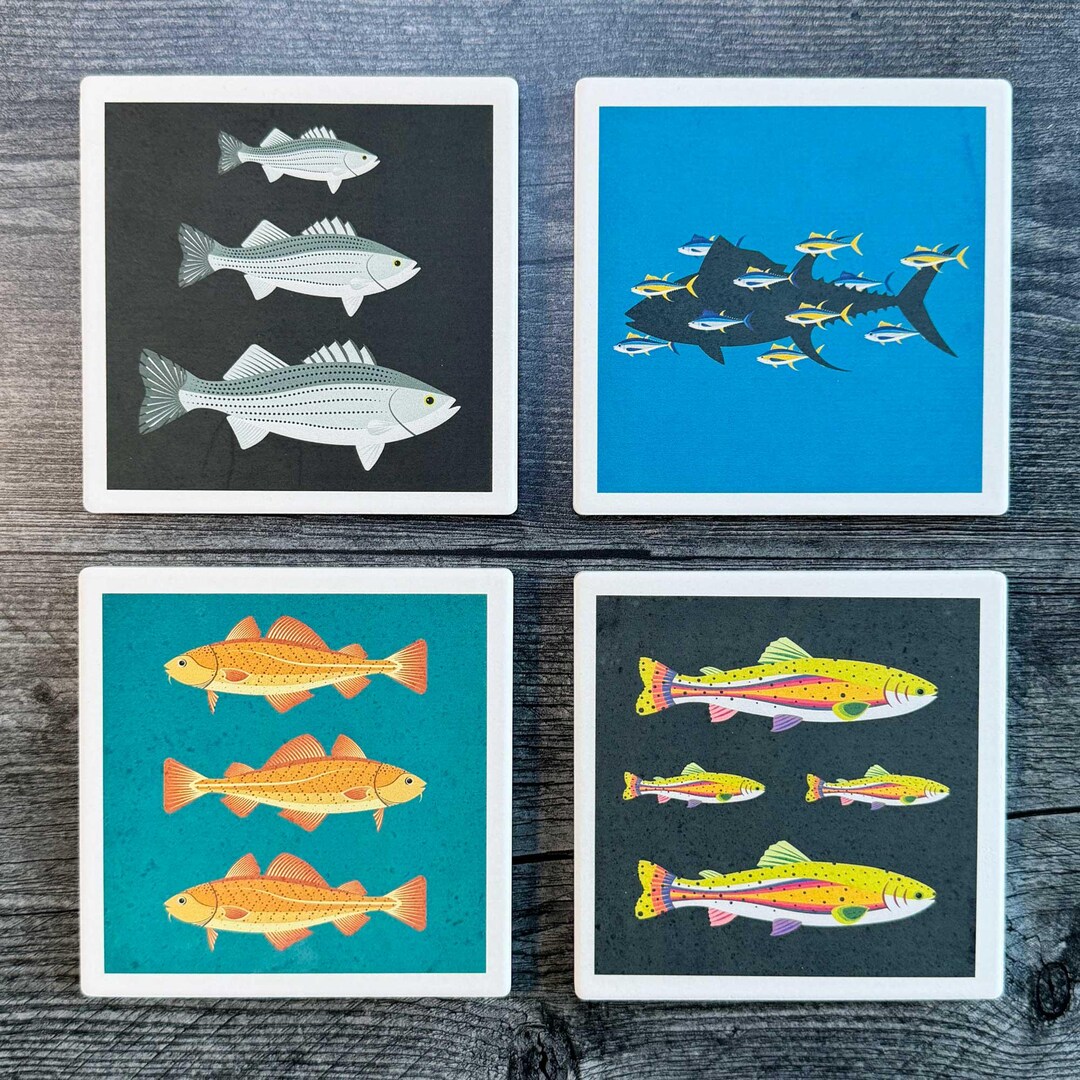 Fish Coaster 4pc Set | Tuna, Rainbow Trout, Cod, Striped Bass ...
