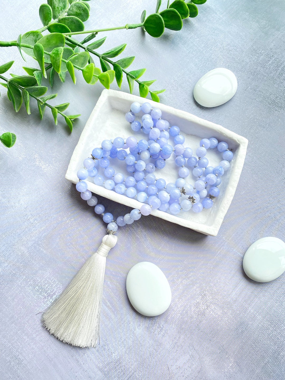 Angelite 108 Knotted Mala for Meditation, Birth Healing Crystal Collar ...