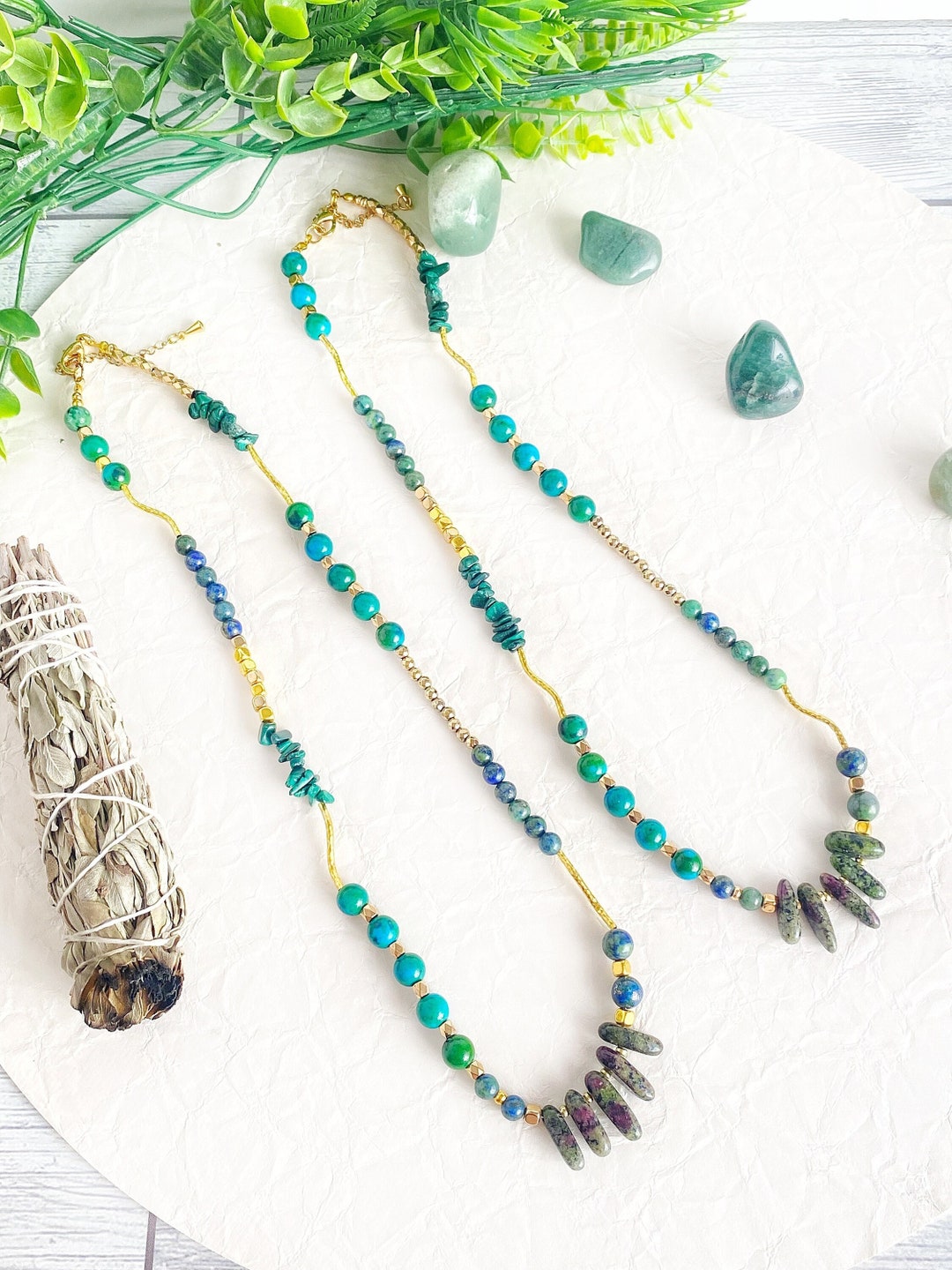 Green Tara Gemstones Necklace; Malachite and Chrysocolla Golden ...