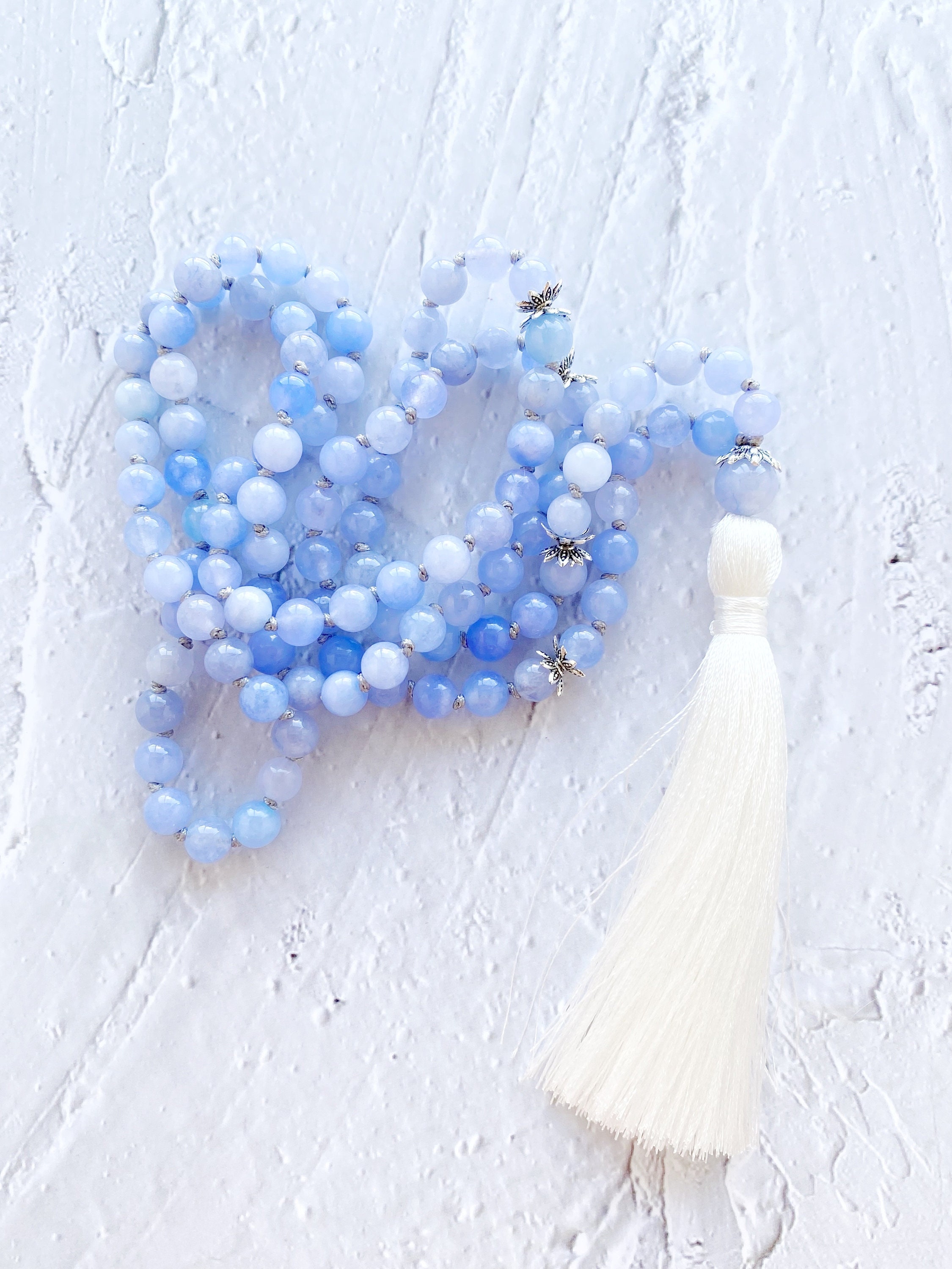 Angelite 108 Knotted Mala for Meditation, Birth Healing Crystal Collar ...