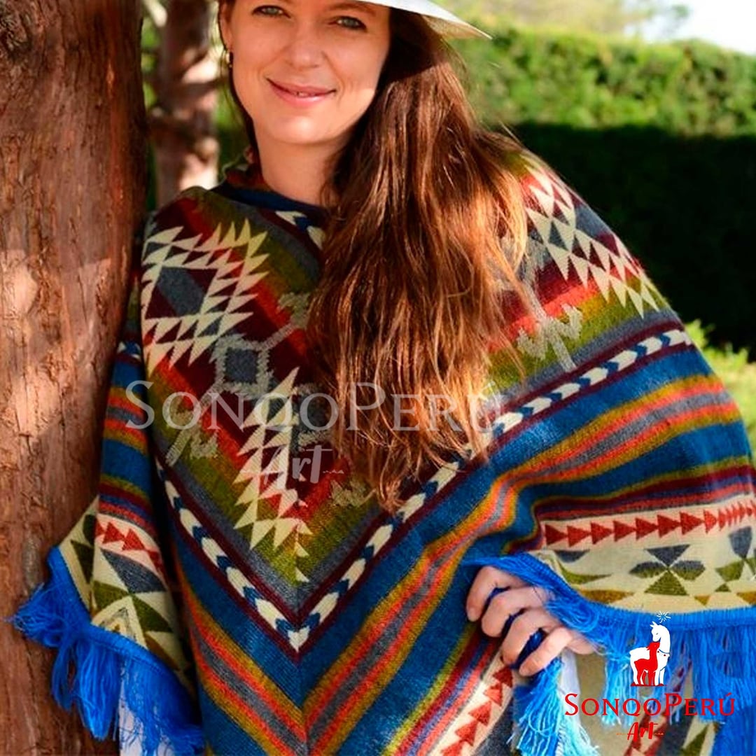 Alpaca Poncho With Native Pattern - Blue Triangular Design - Native ...