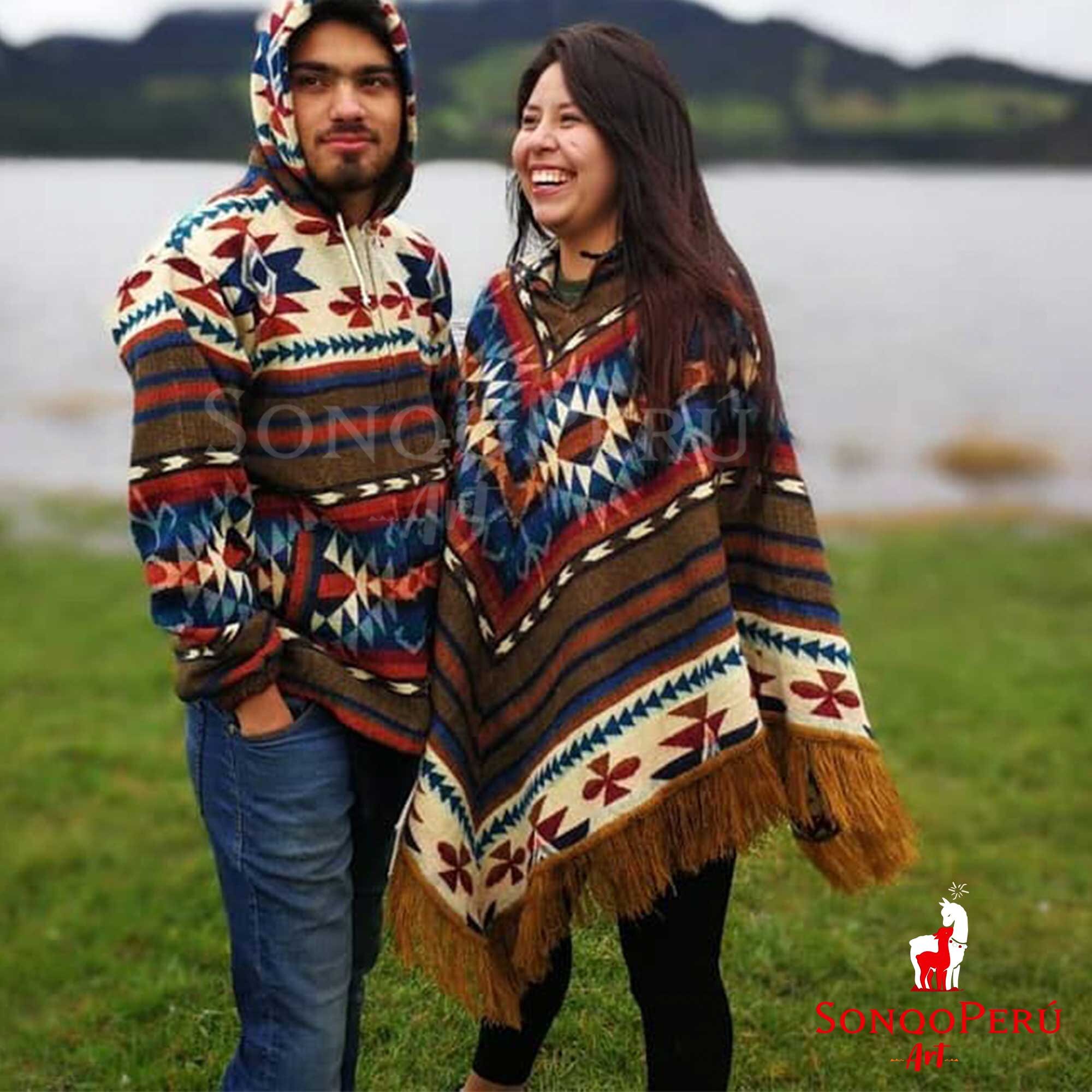 Alpaca Poncho With Native Pattern - Brown Triangular Design - Native ...