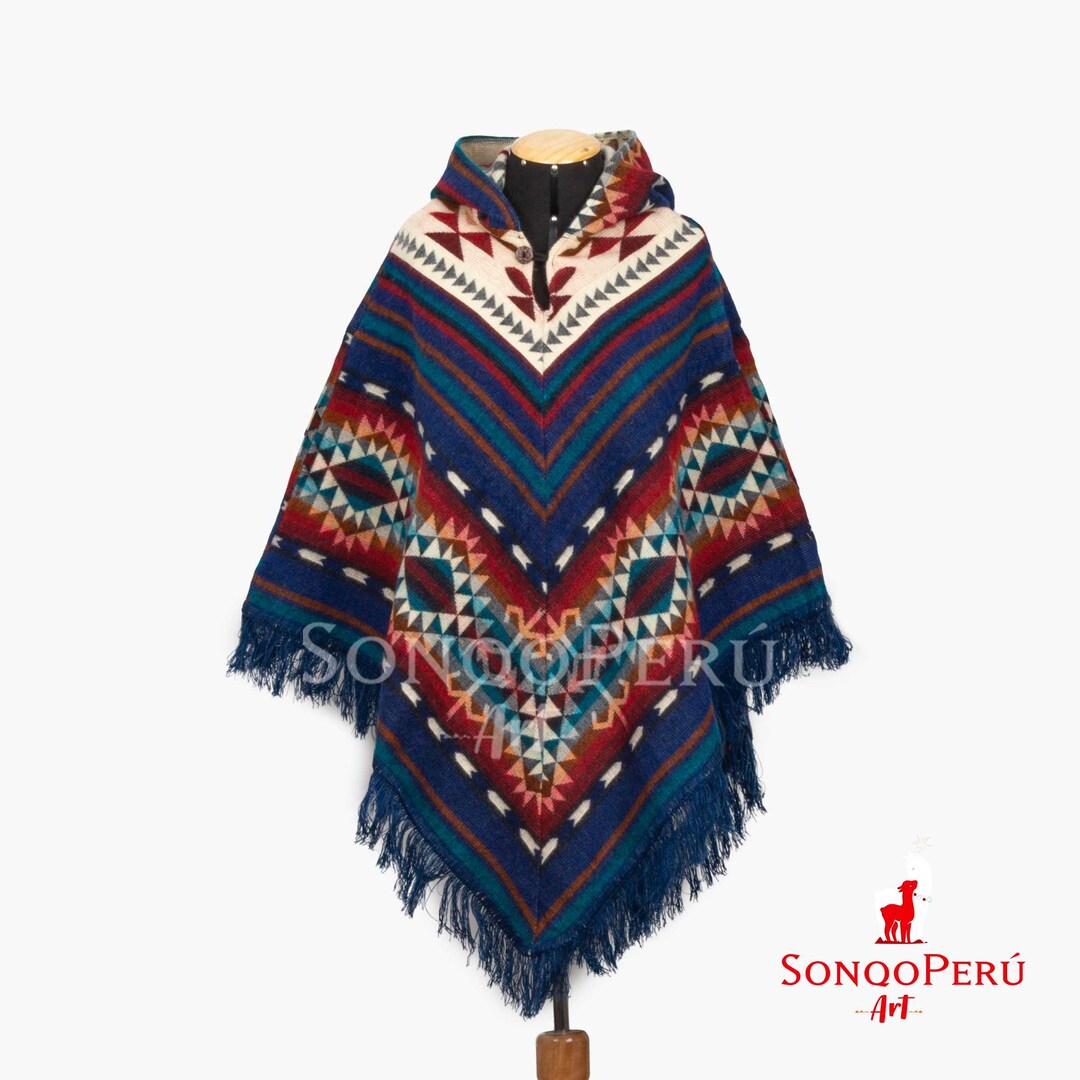 Native Poncho Made With Alpaca Wool, Blue Unisex Poncho, Native Poncho ...