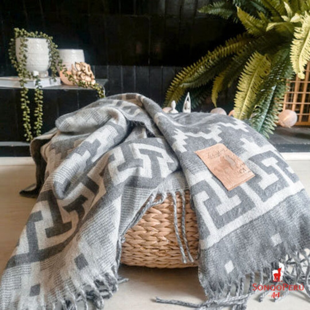 Alpaca Throw Blanket Light Grey and Light Blue, Alpaca Blanket ...