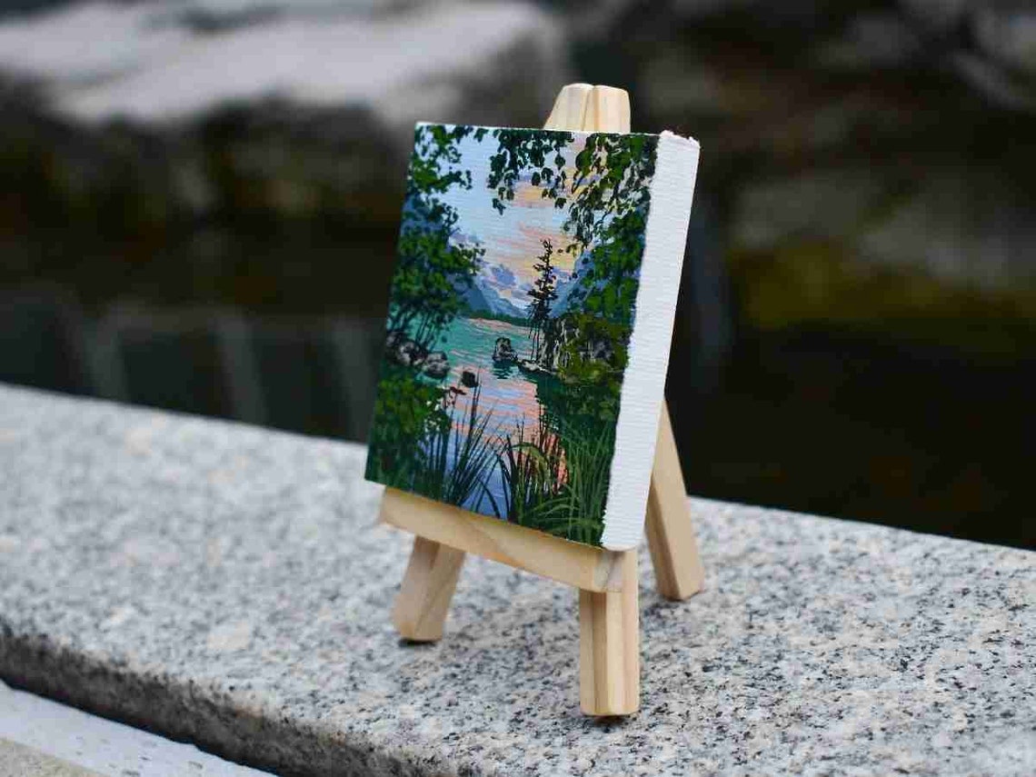 Original Small Acrylic Landscape Painting on Canvas 3x3 Sunset, Lake ...