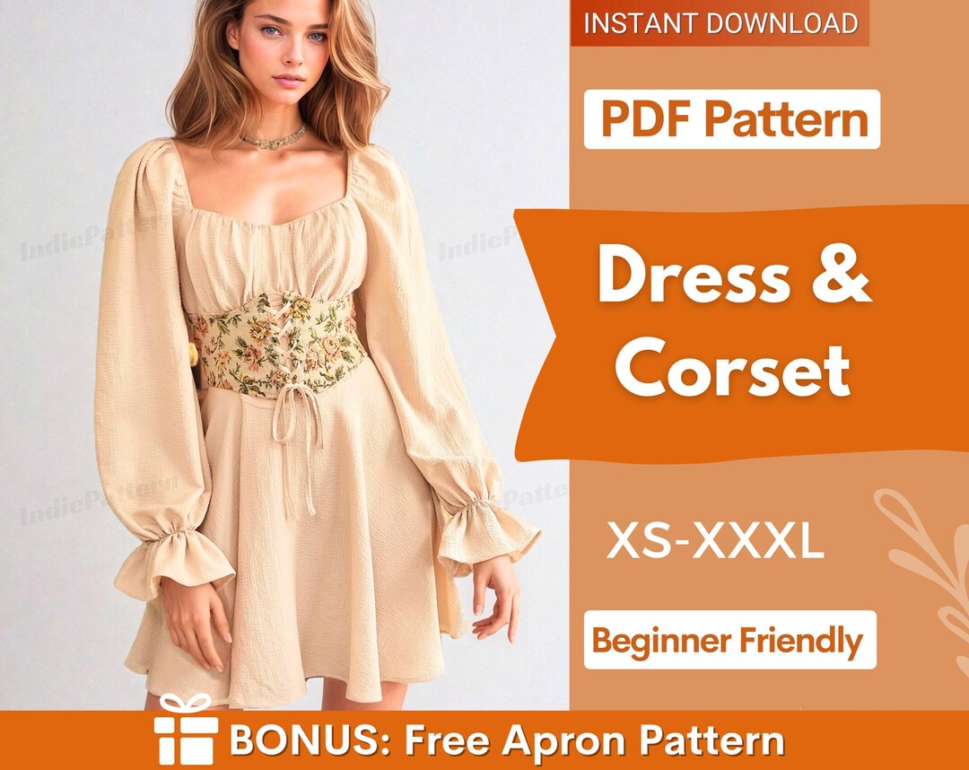 Vintage Dress With Corset Belt Sewing Pattern, Cottagecore Dress ...