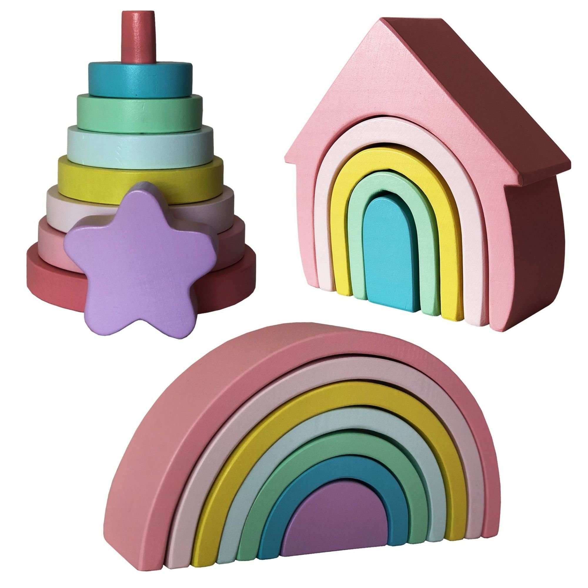 Set of 3 Wooden Pyramid Rainbow Home,montessori Stacking Toy,rainbow ...