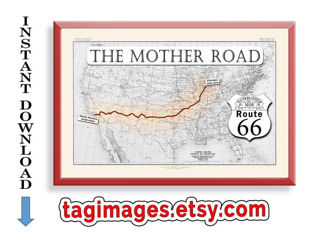 Vintage Route 66 Map Large Wall Art, Printable Poster of a USA Map ...
