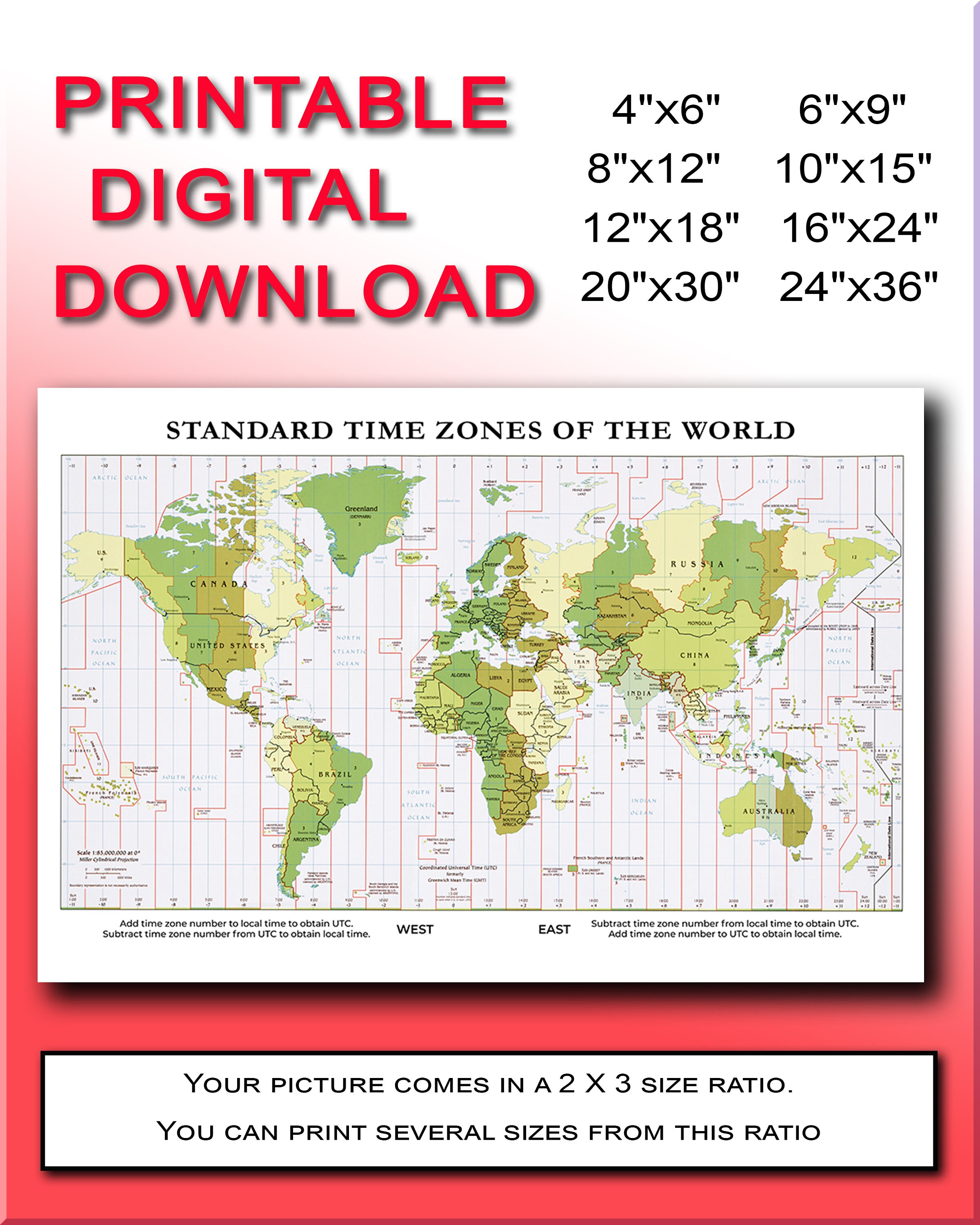 What Time is It World Map Printable Poster With Everybodys Time Zones ...