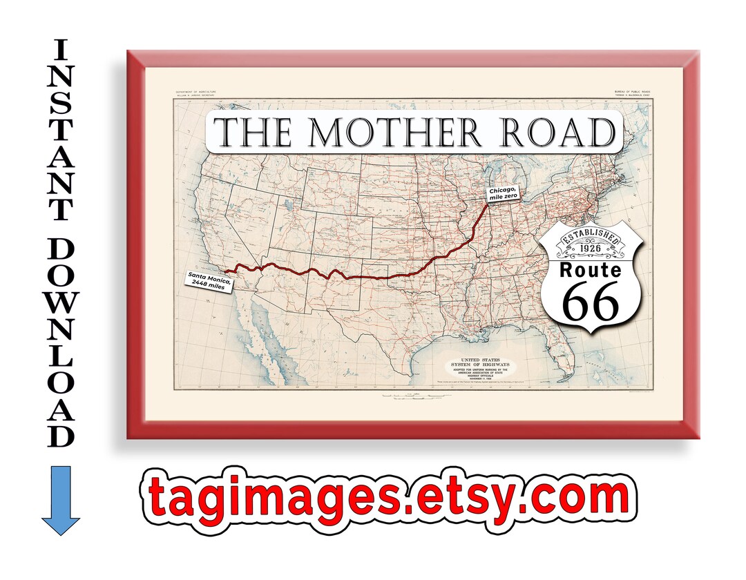 Mapa de la ruta 66 de 1926, arte de pared grande, póster imprimible de ...