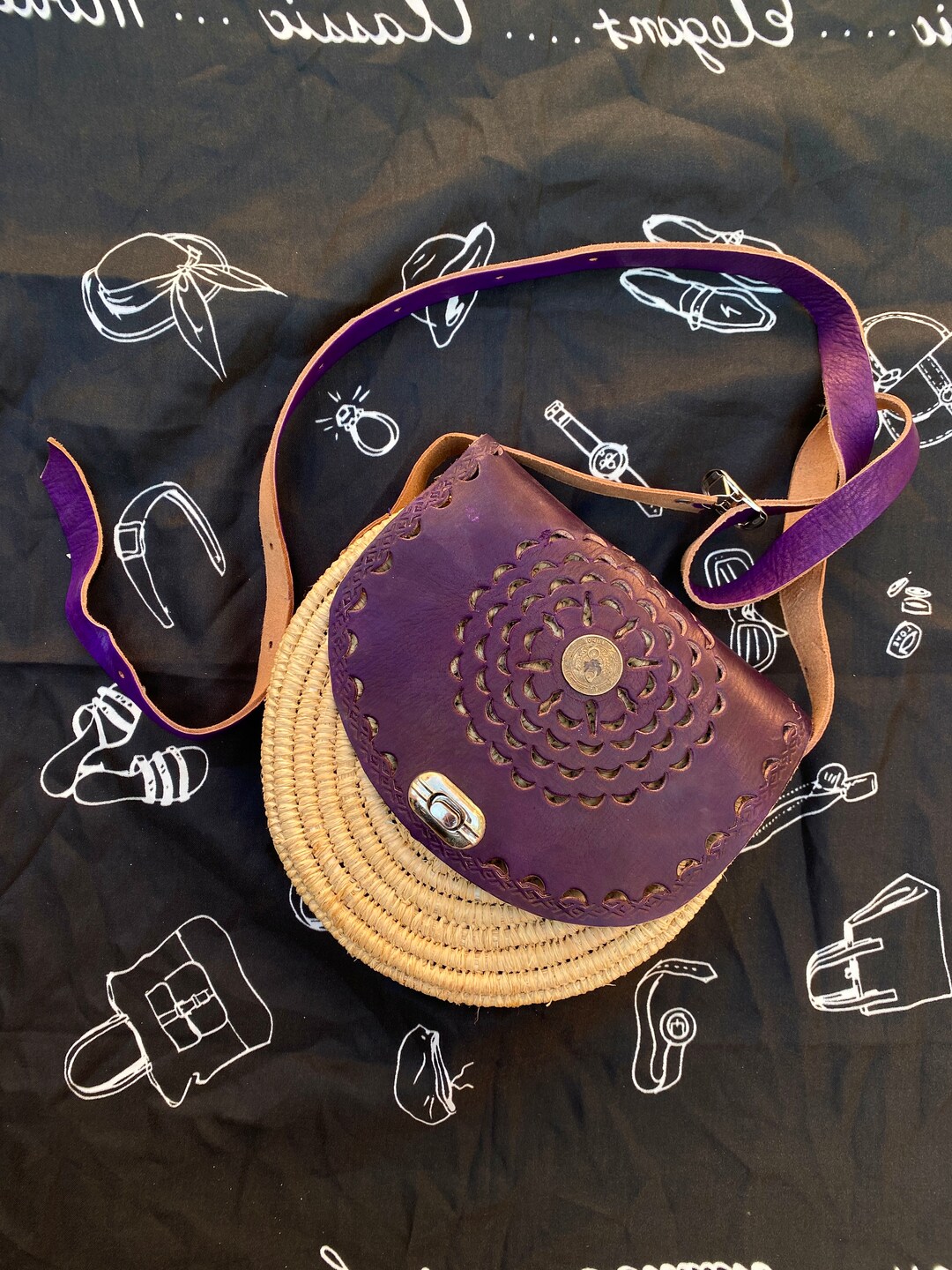 Round Raffia Bag With Leather Handles Handmade Moroccan - Etsy