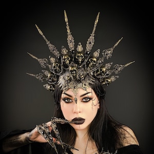 Gothic Halo Crown, Sugar Skull, Death Skull Crown, Gold Black Headdress ...