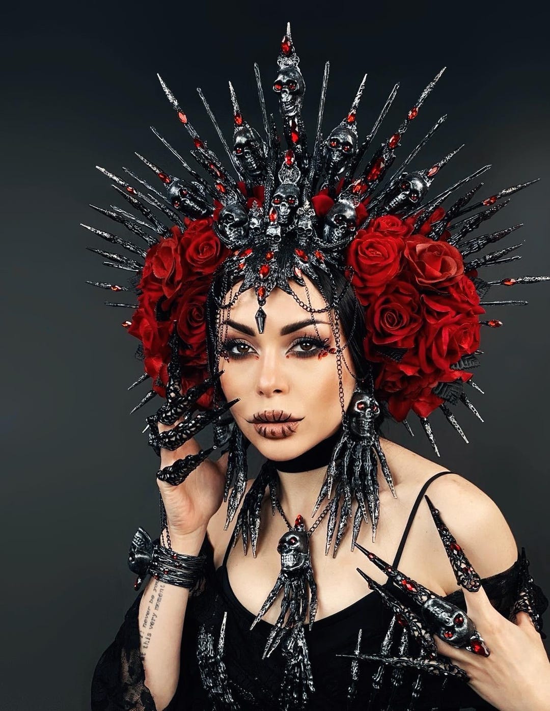 Handmade Gothic Skull Crown: Santa Muerte Halo, Red Roses - Etsy UK