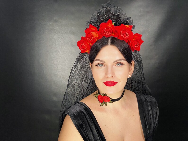 Mexican Red Rose Flower Crown Dia De Los Muertos Headpiece - Etsy