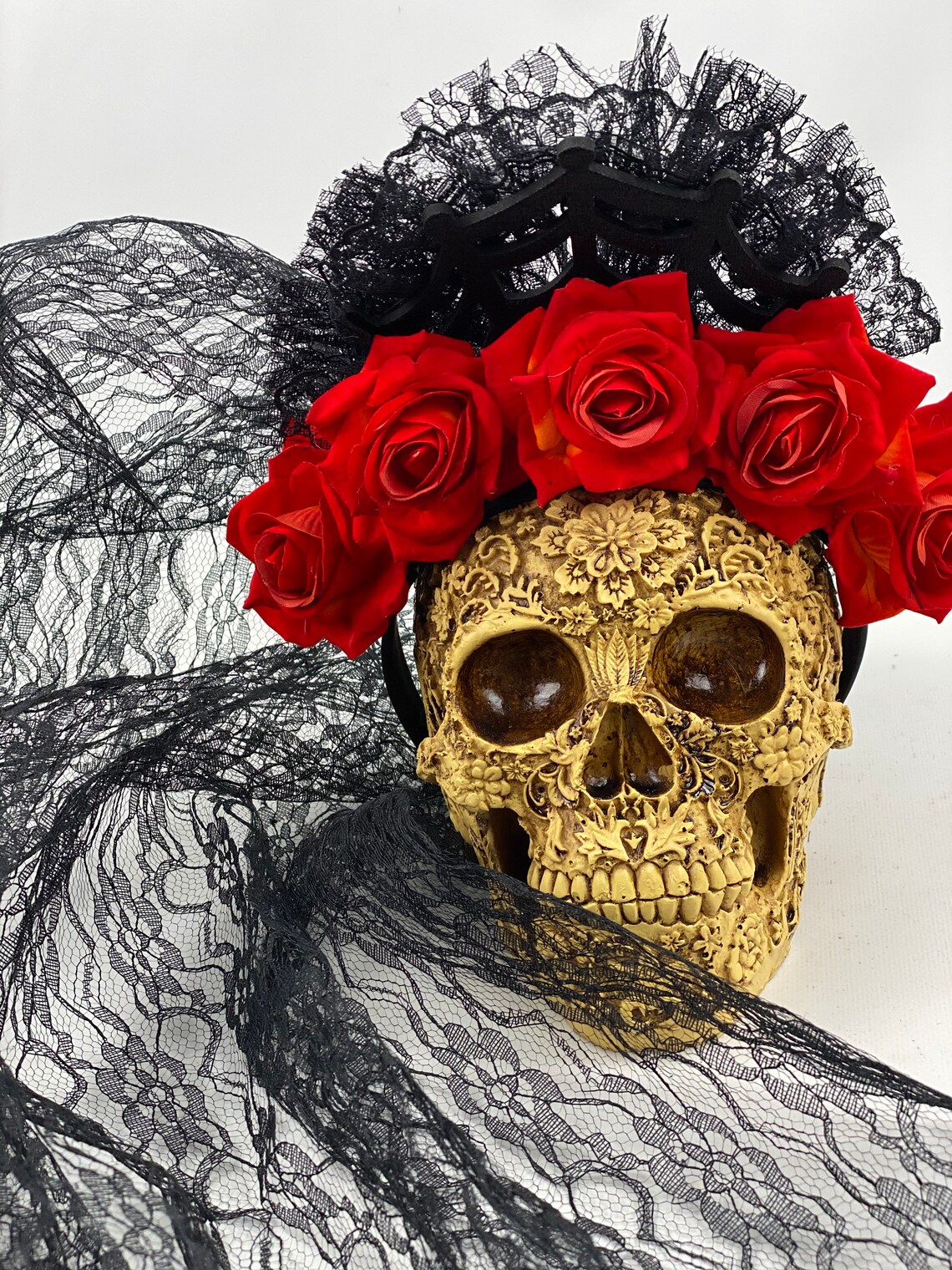 Mexican Red Rose Flower Crown Dia de los Muertos Headpiece | Etsy