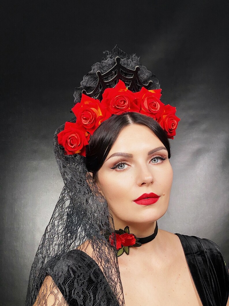 Mexican Red Rose Flower Crown Dia De Los Muertos Headpiece - Etsy