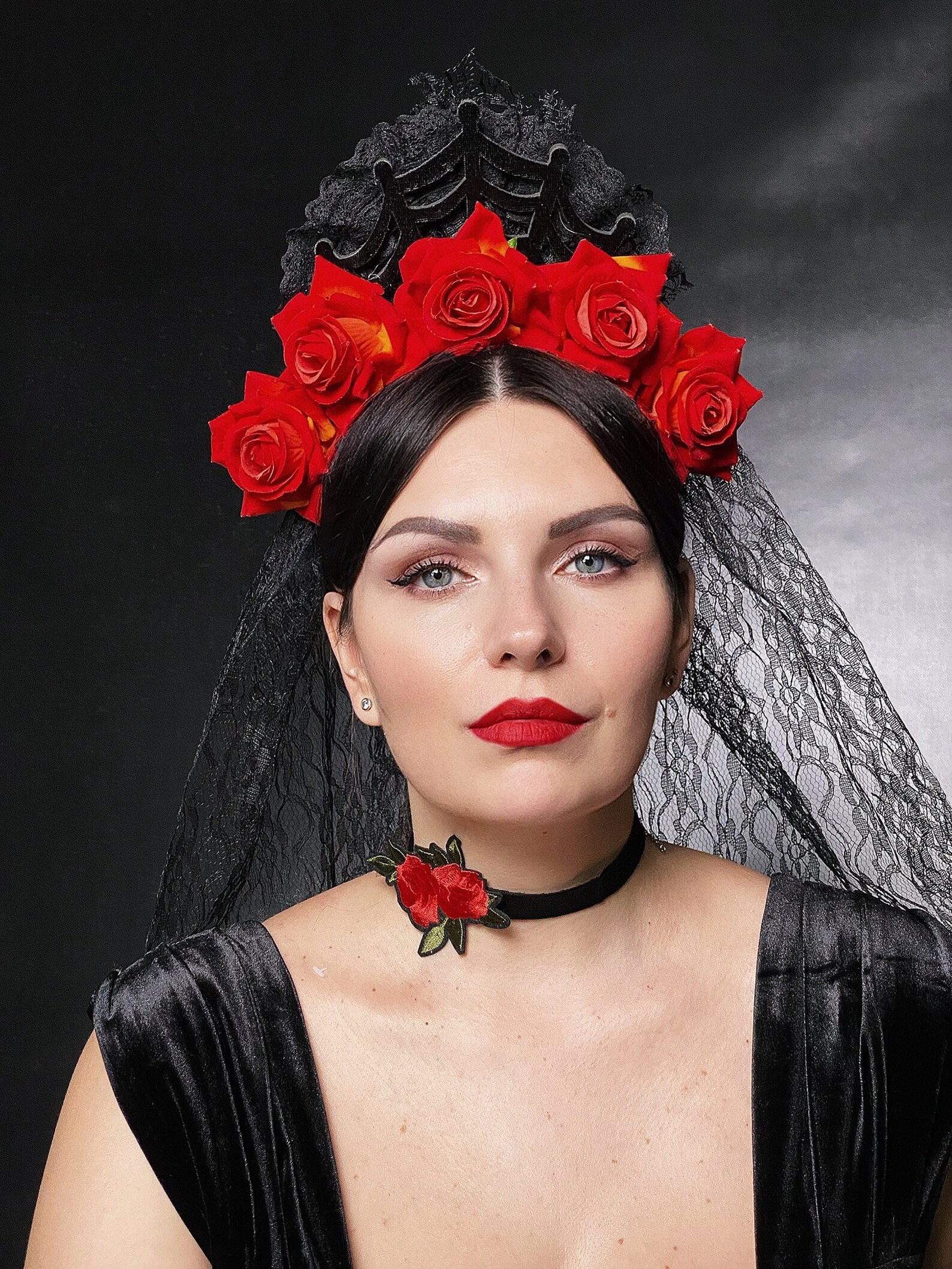 Mexican Red Rose Flower Crown Dia De Los Muertos Headpiece - Etsy
