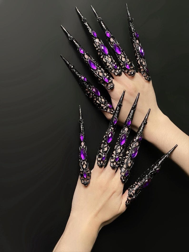 Mardi Gras Costume, Black Filigree Finger Claws, Purple Rhinestone ...
