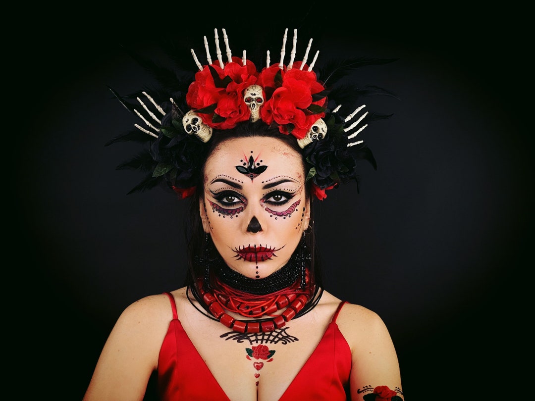 Large Skeleton Hands Crown, Sugar Skull Flower Crown, Halloween Feather ...